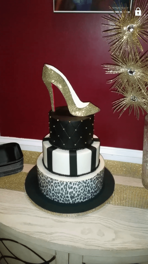 Glam 50th birthday cake with gold sugar shoe – Blue Lily Treats